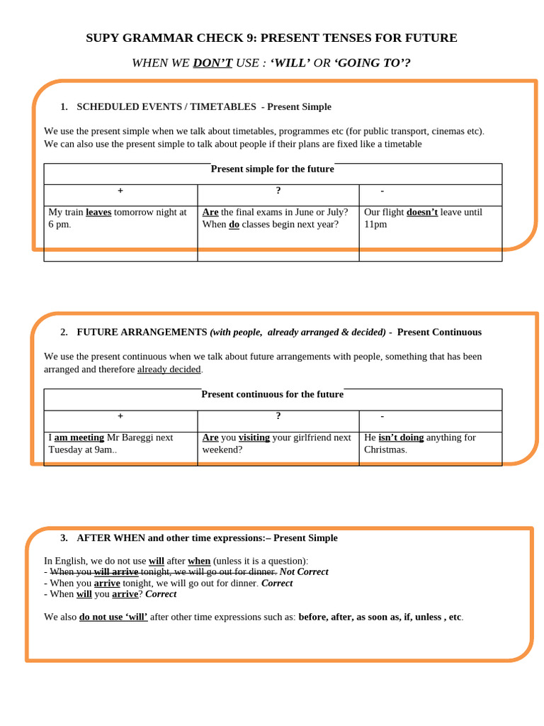 9 Grammar Check Future 2 - Present Tenses For The Future | PDF | Linguistic Morphology | Syntax