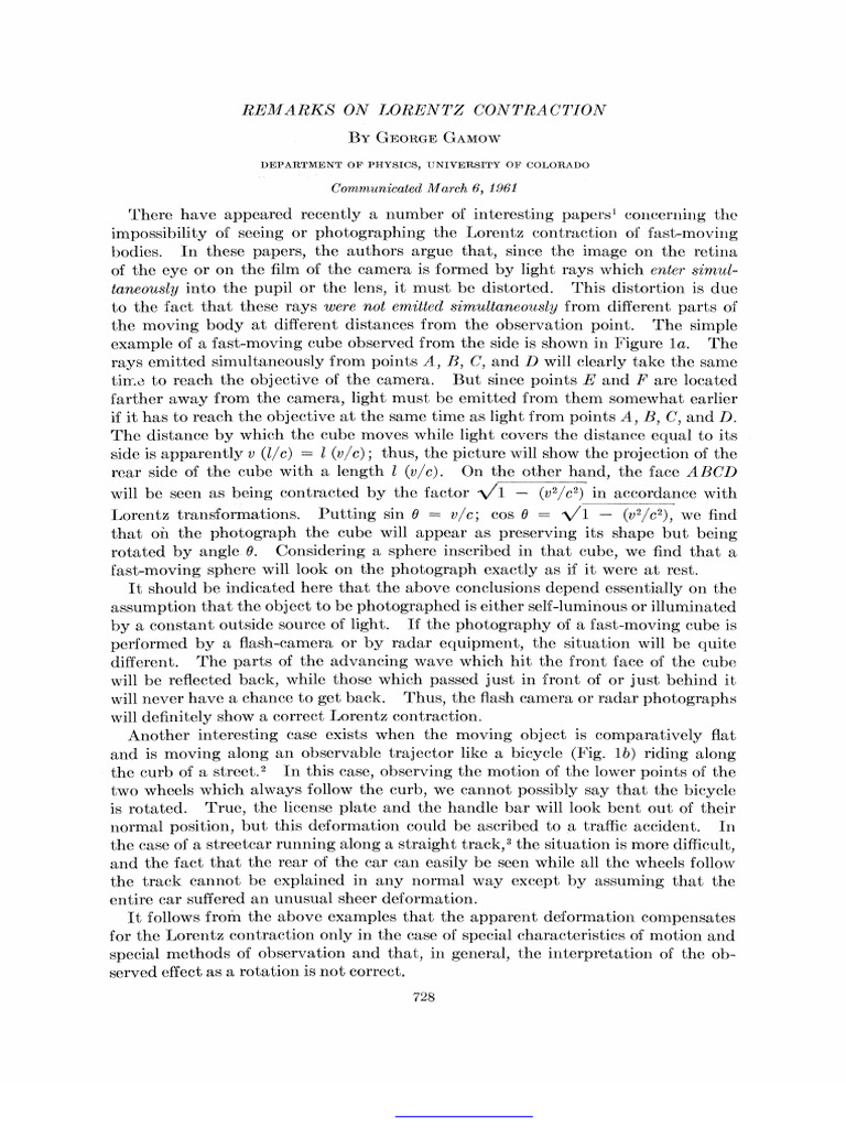 Remarks On Lorentz Contraction (George Gamow) | PDF | Camera | Light