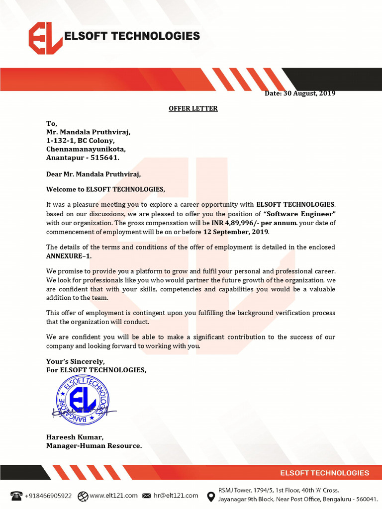 Elsoft Technologies Offer Letter | PDF | Board Of Directors | Employment