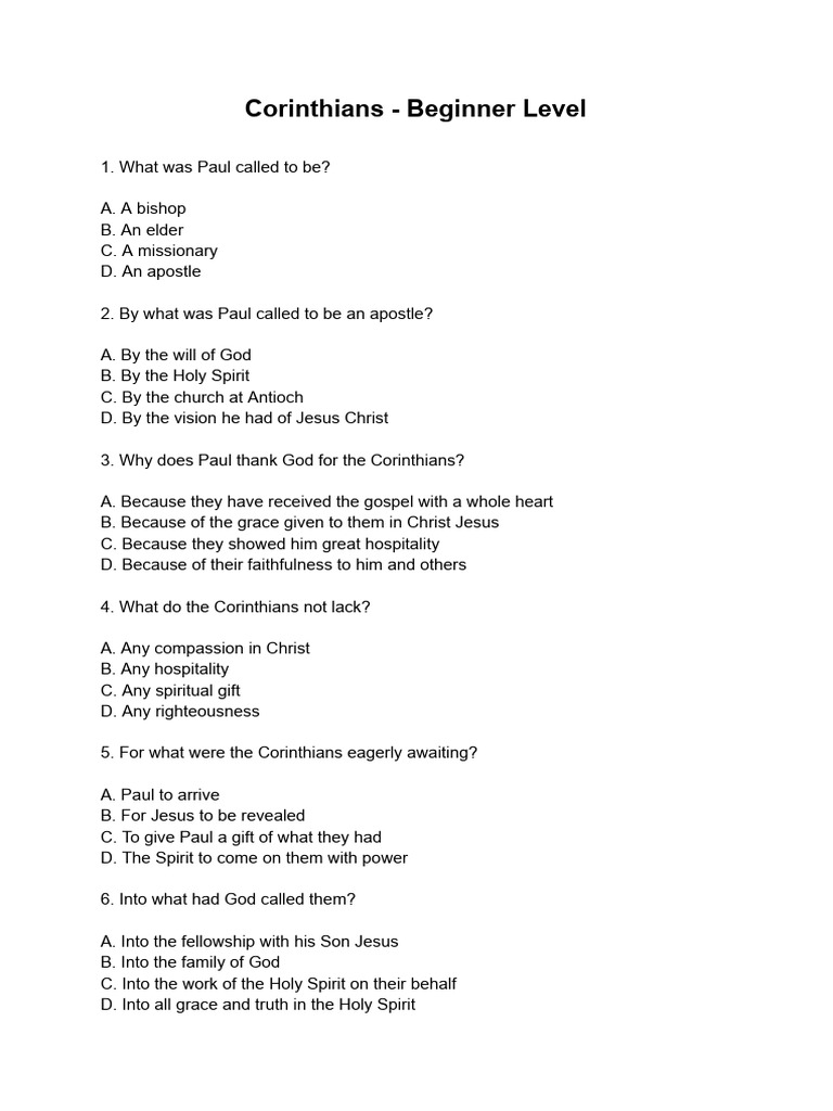 Bible Quiz 1st Corinthians Beginner Level | PDF | Paul The Apostle | Jesus