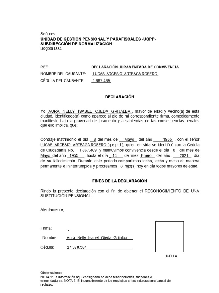 Declaracion Juramentada de Convivencia Conyuge 1 | PDF