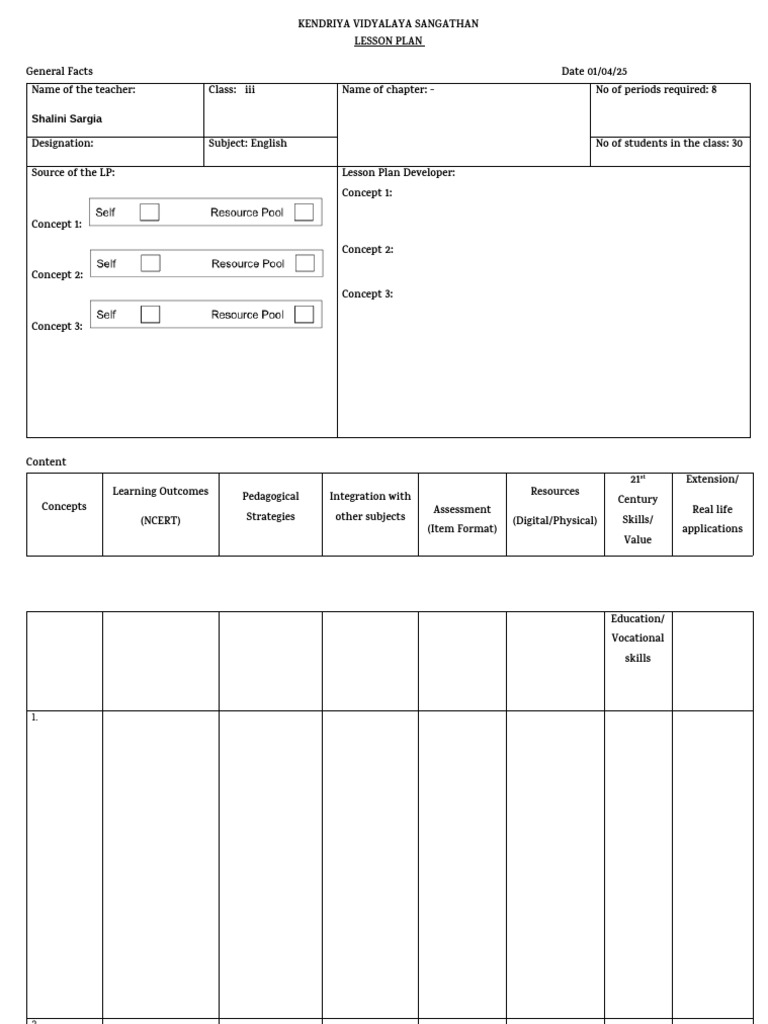 KVS - Lesson Plan Organiser Format | PDF | Teachers | Lesson Plan