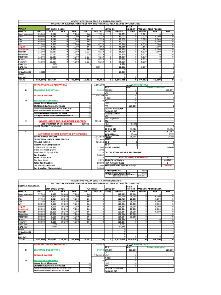 Income Tax Calculation 2019 20 Assement Year 2020 21 (2) .Xlsxshalini ...
