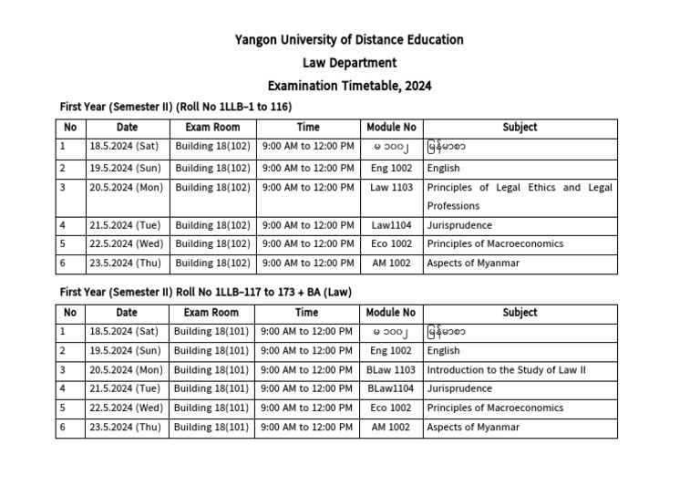 Online LLB Exam Timetable (1st Year LLB and BA Law) | PDF
