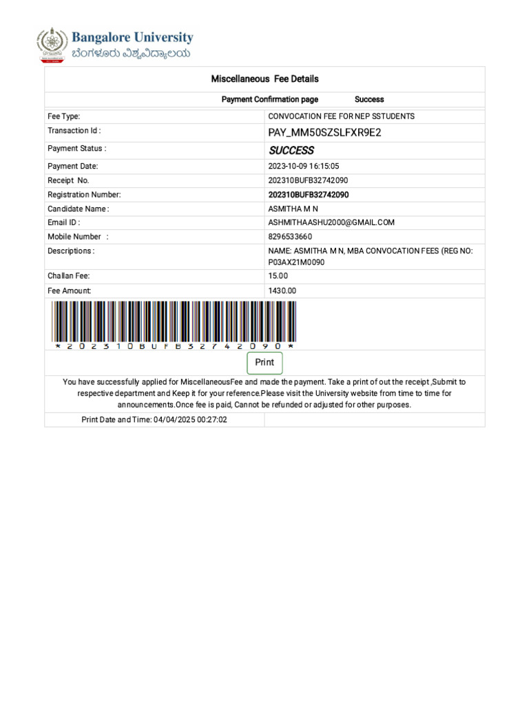 Ashmita M N Bangalore University Convocation Fee Receipt | PDF
