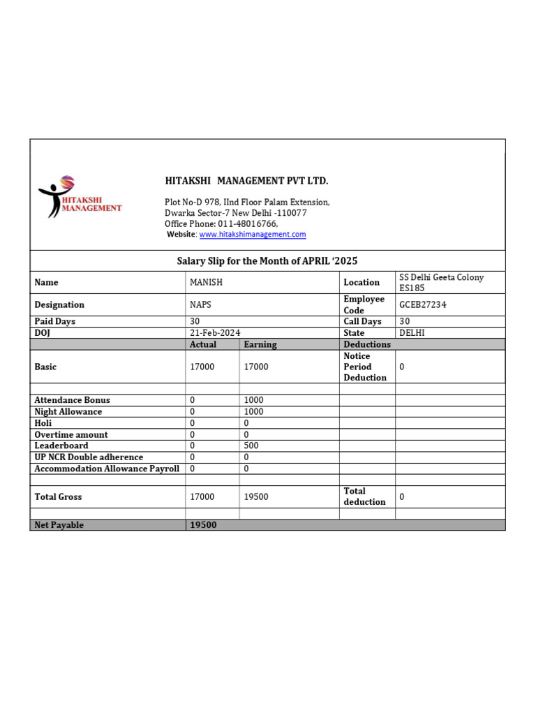BCPL Naps Pay Slip April2025 | PDF | Payroll | Salary