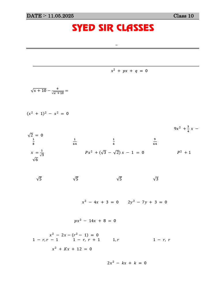 10 Math Quadratic Equation Test - 5 11 May, 25-1 | PDF | Number Theory ...