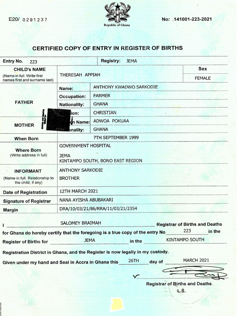 Theresa Appiah Birth Cert | PDF