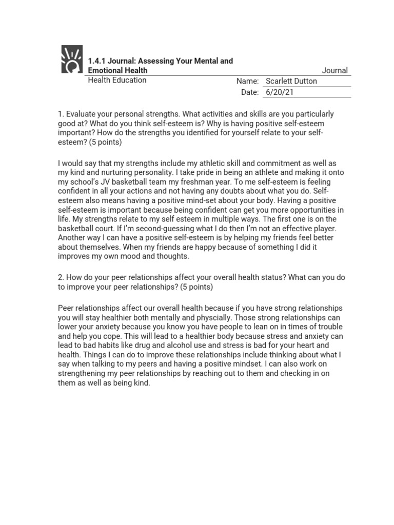 1.4.1 Journal - Assessing Your Mental and Emotional Health (Journal ...
