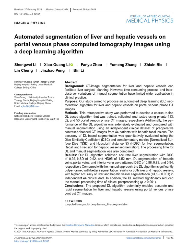 Automated Segmentation of Liver and Hepatic Vessels on Portal Venous Phase Computed Tomography ...