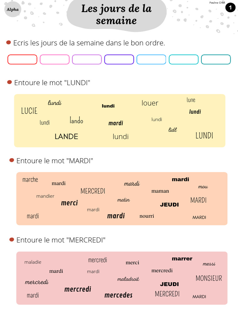 Exercices sur les jours de la semaine | PDF