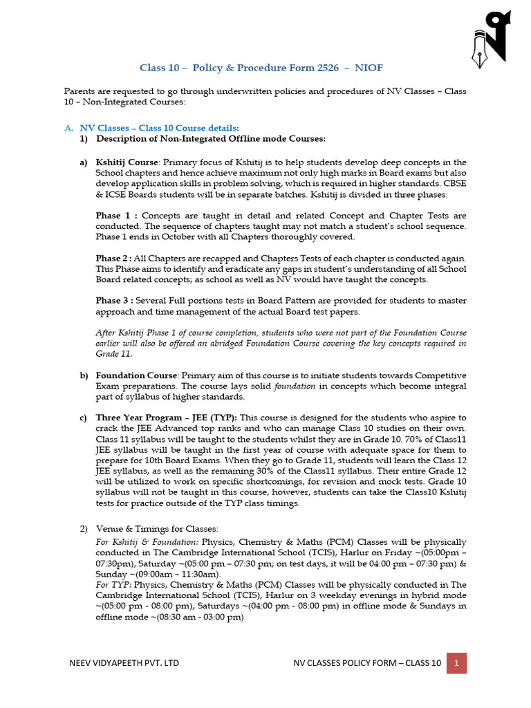 Class 10 - Policy & Procedure Form 2526 - NIOF | PDF | Teachers