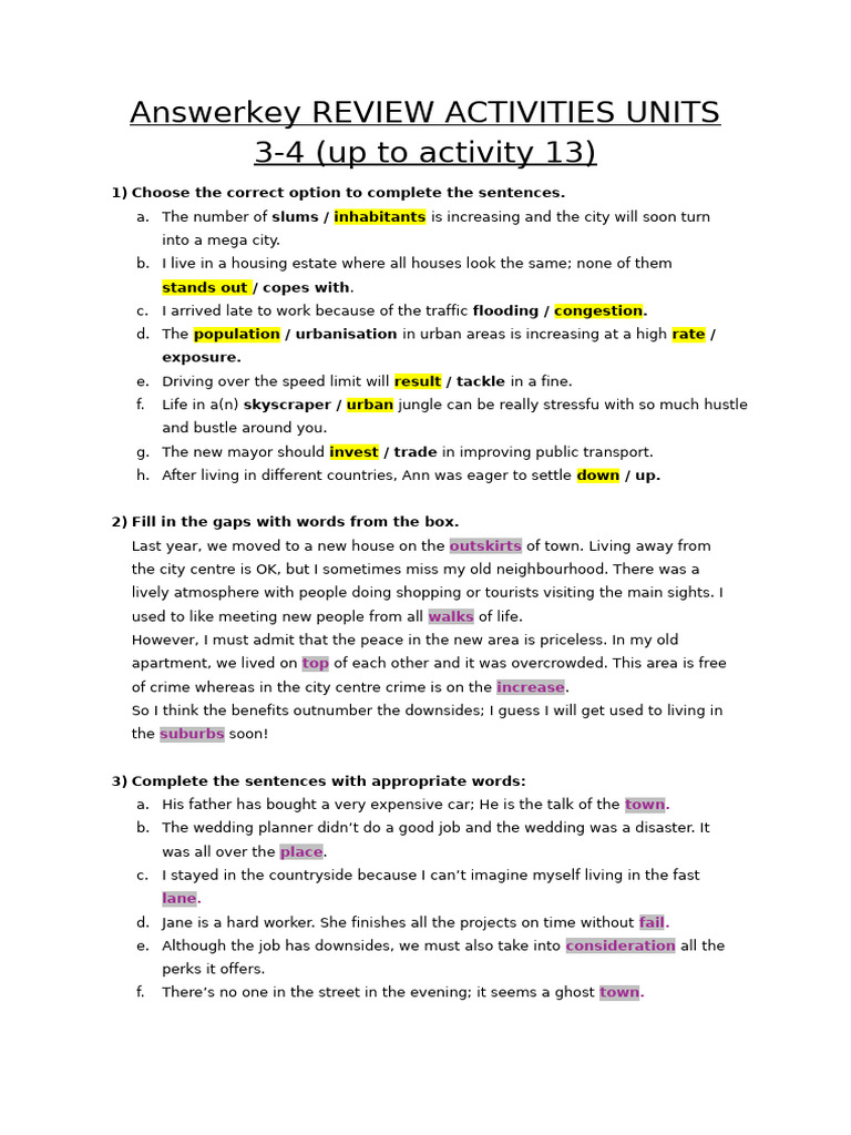 Answerkey Review Activities 3-4 | PDF