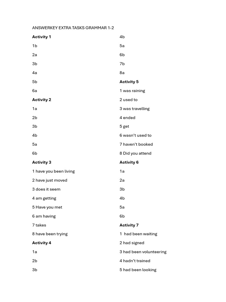 ANSWERKEY Extra Tasks Grammar 1-2 | PDF