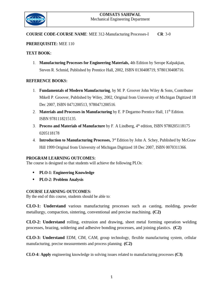 Manufacturing Processes I CDF Final | PDF | Industrial Processes | Building Engineering