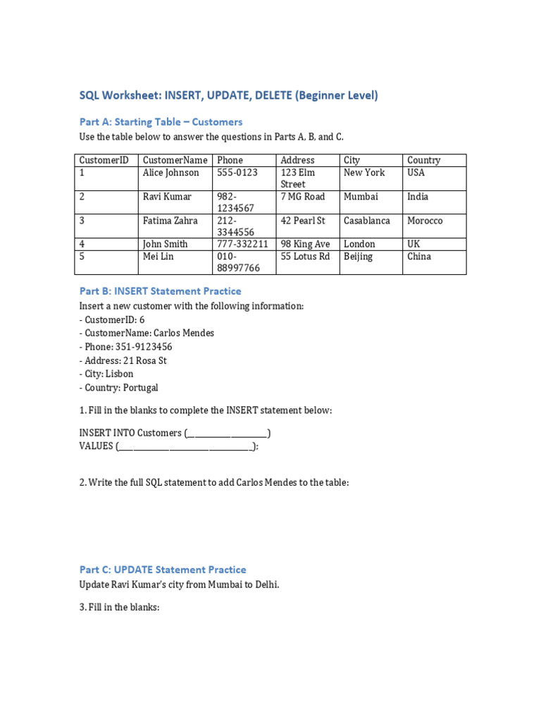 SQL Worksheet Insert Update Delete | PDF