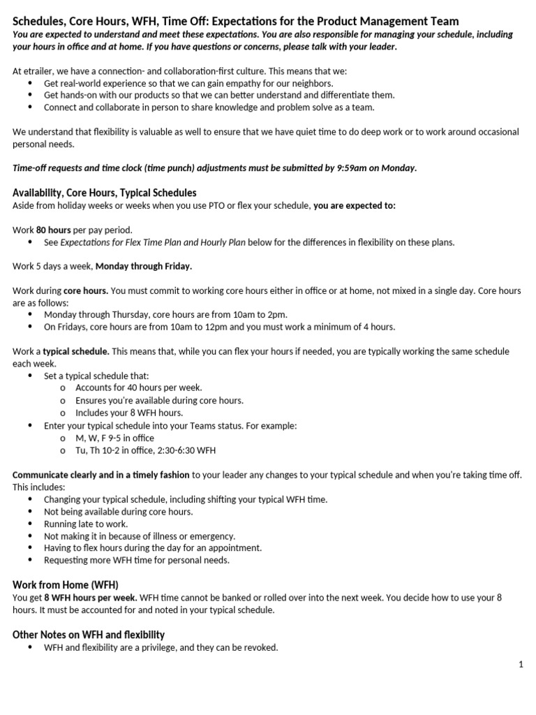 Schedules, Core Hours, WFH, Time Off Expectations 2025.april | PDF ...