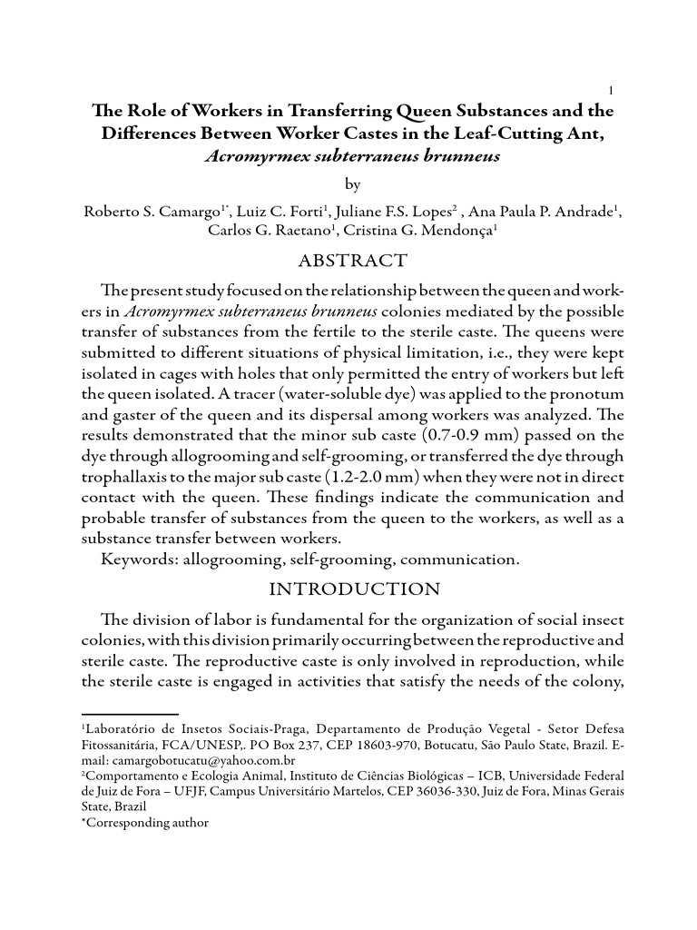 The Role of Workers in Transferring Queen Substances and The ...