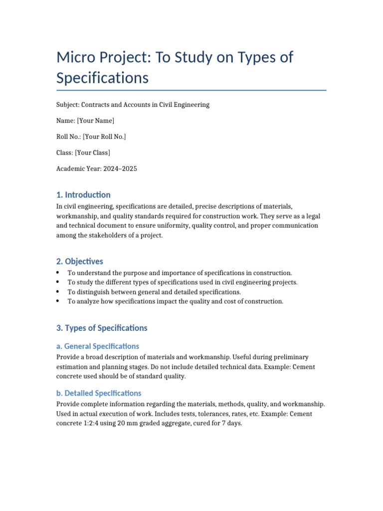 Micro Project Types of Specifications | PDF