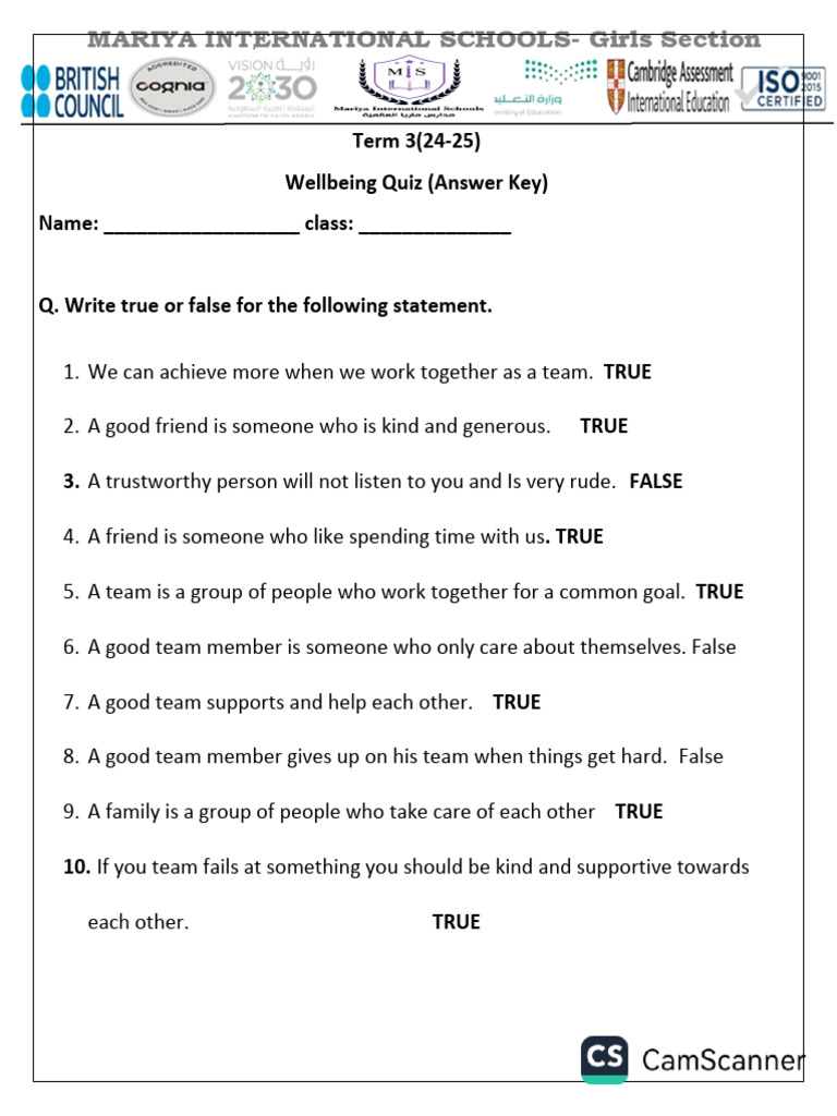 Wellbeing Quiz (24-25) - Answer Key | PDF