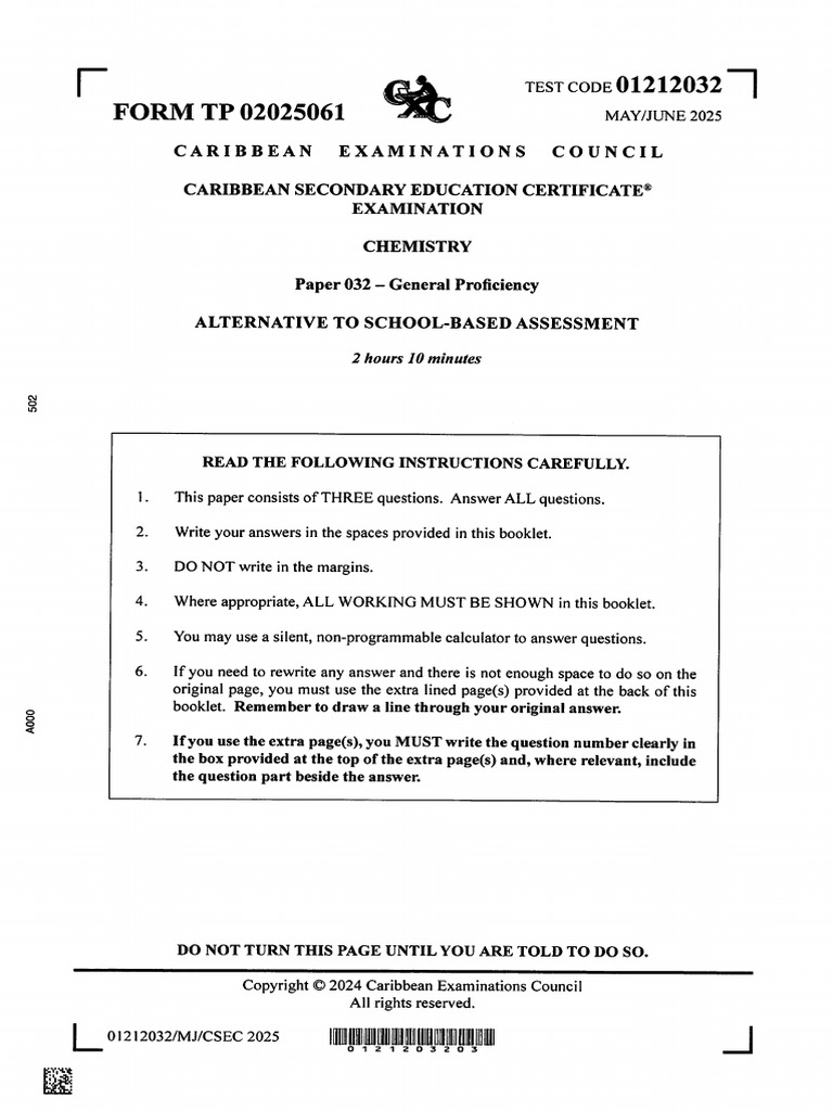 CSEC Chemistry June 2025 P032 | PDF