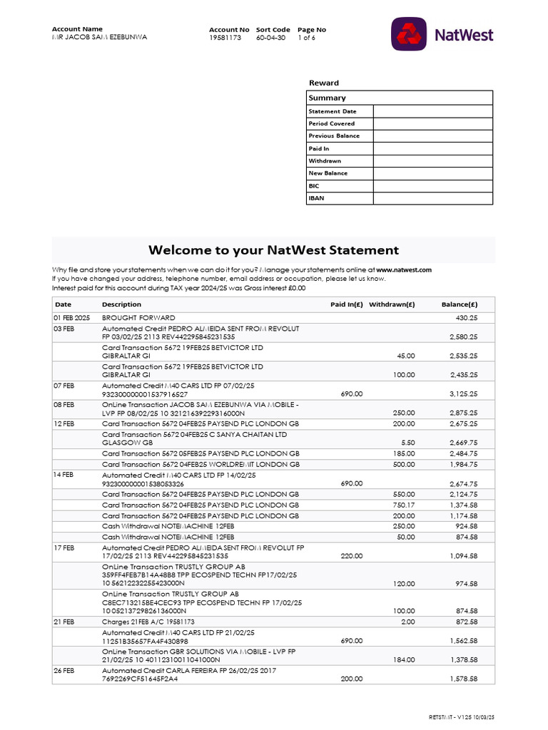 Natwest Statement - 600430 - 19581173 - 09 - May - 2025 | PDF | Overdraft | Banks