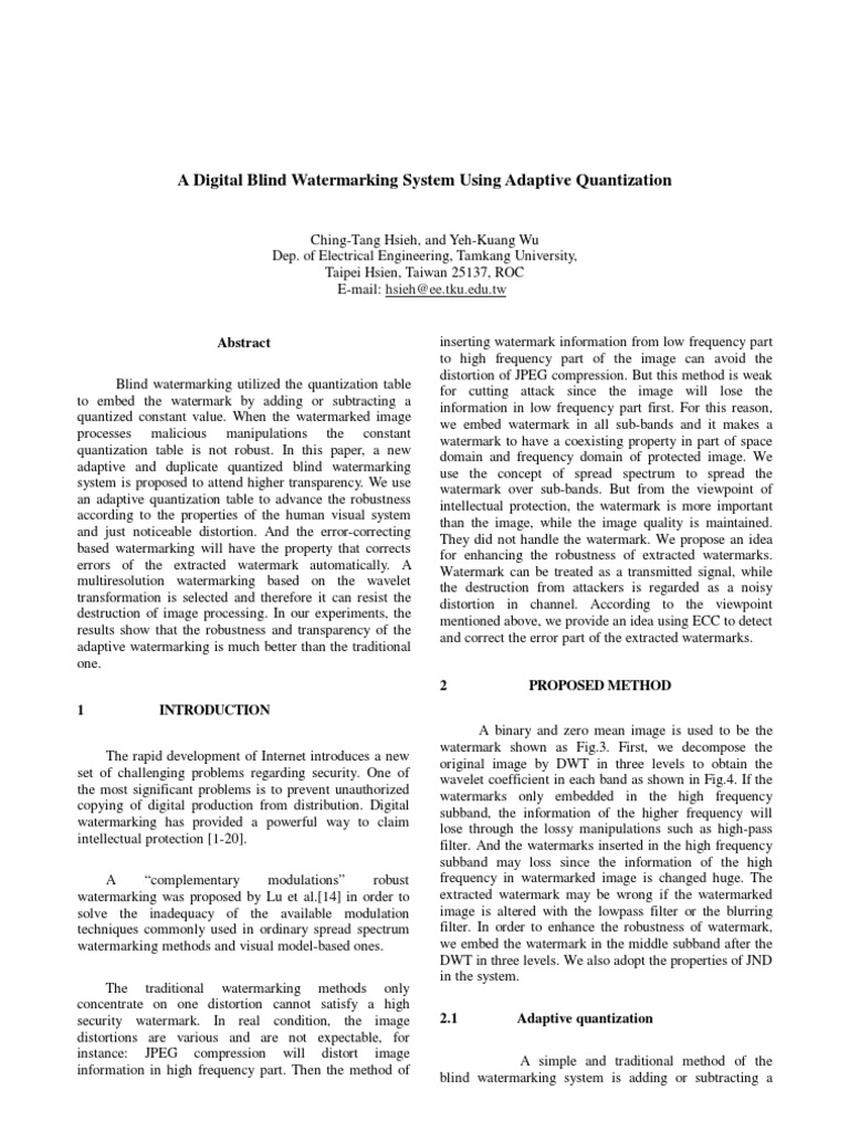 A Digital Blind Watermarking System Using Adaptive Quantization - (891350034205) | PDF ...