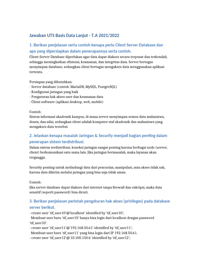 Jawaban UTS Basis Data Lanjut 2021 2022 | PDF