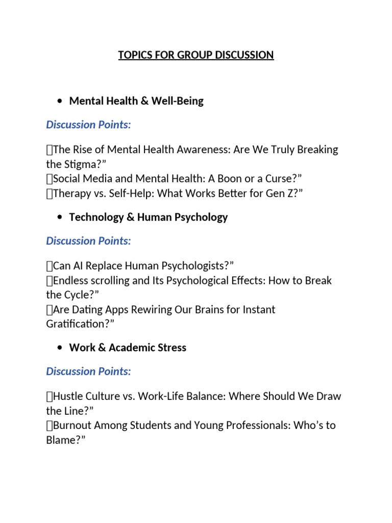 Topics For Group Discussion | PDF | Psychology | Mental Health