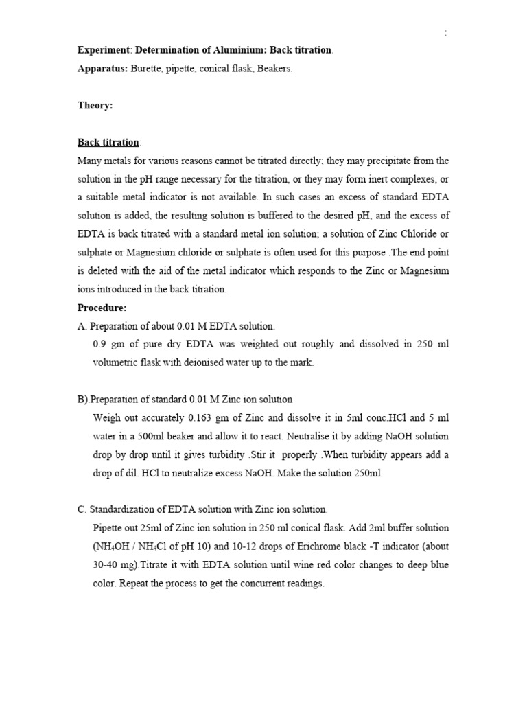 Determination of Aluminium Back Titration | PDF | Chemistry | Titration
