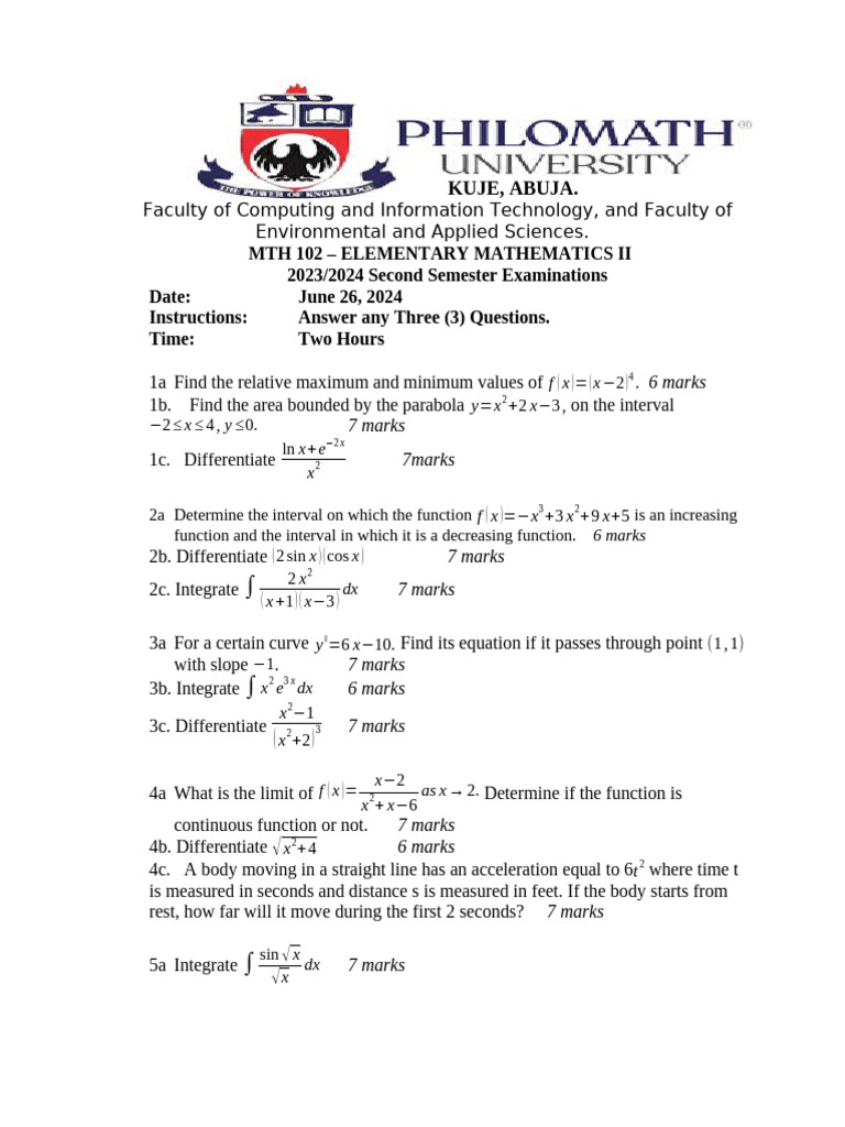 MTH 102 Exam Question 2023 To2024 Session | PDF