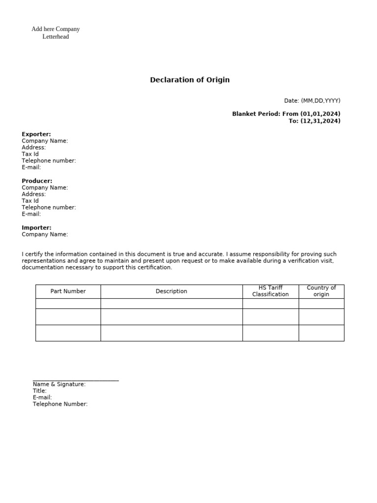 Declaration of Origin - Non Originating Goods - 2024 | PDF