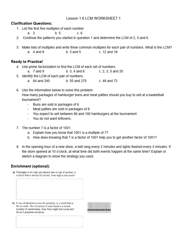 Lesson 1.6 LCM WORKSHEET 1 | PDF
