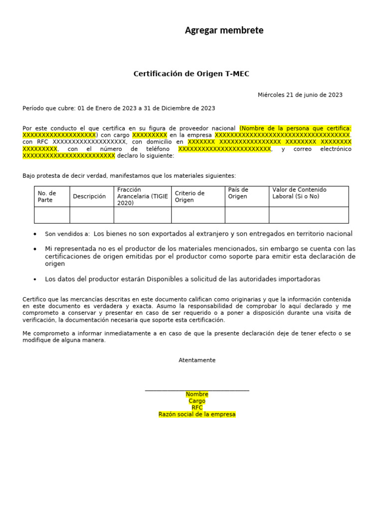 Formato - Certificación de Origen T-MEC 2023 | PDF