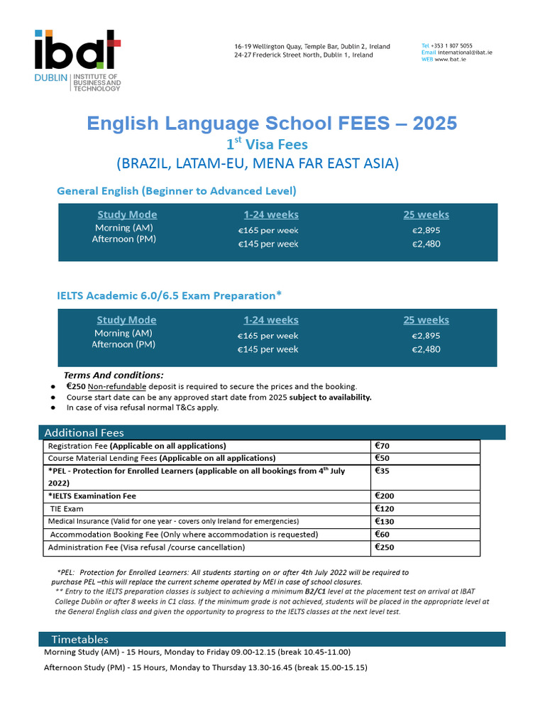 2025 English Language School Fees | PDF | International English ...