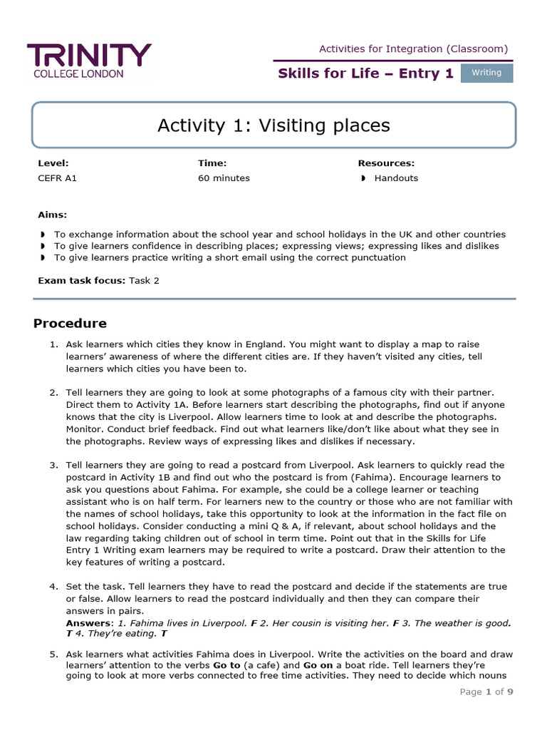 Entry 1 Writing - Activity 2 Visiting Places | PDF | Question | Human ...