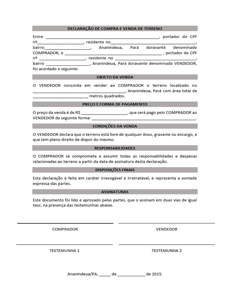 Declaração de Compra e Venda de Terreno | PDF