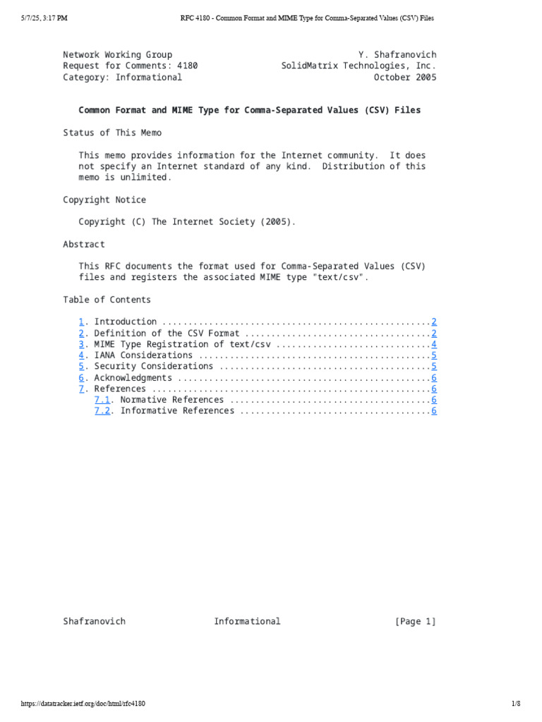 RFC 4180 - Common Format and MIME Type For Comma-Separated Values (CSV) Files | PDF | Comma ...