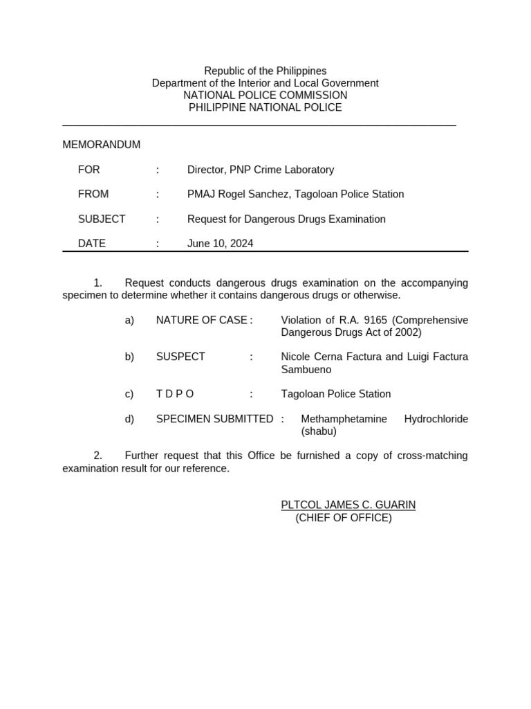Request of Dangerous Drugs Examination | PDF | Crimes | Crime & Violence