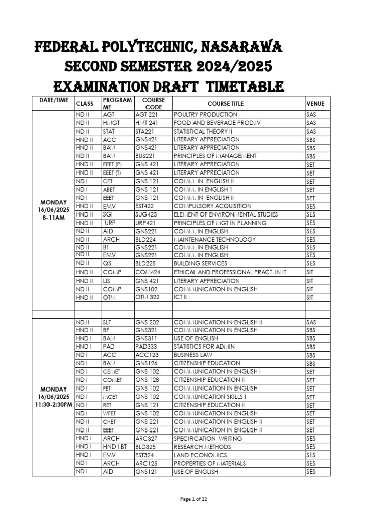 Draft Timetable 2025-1 | PDF
