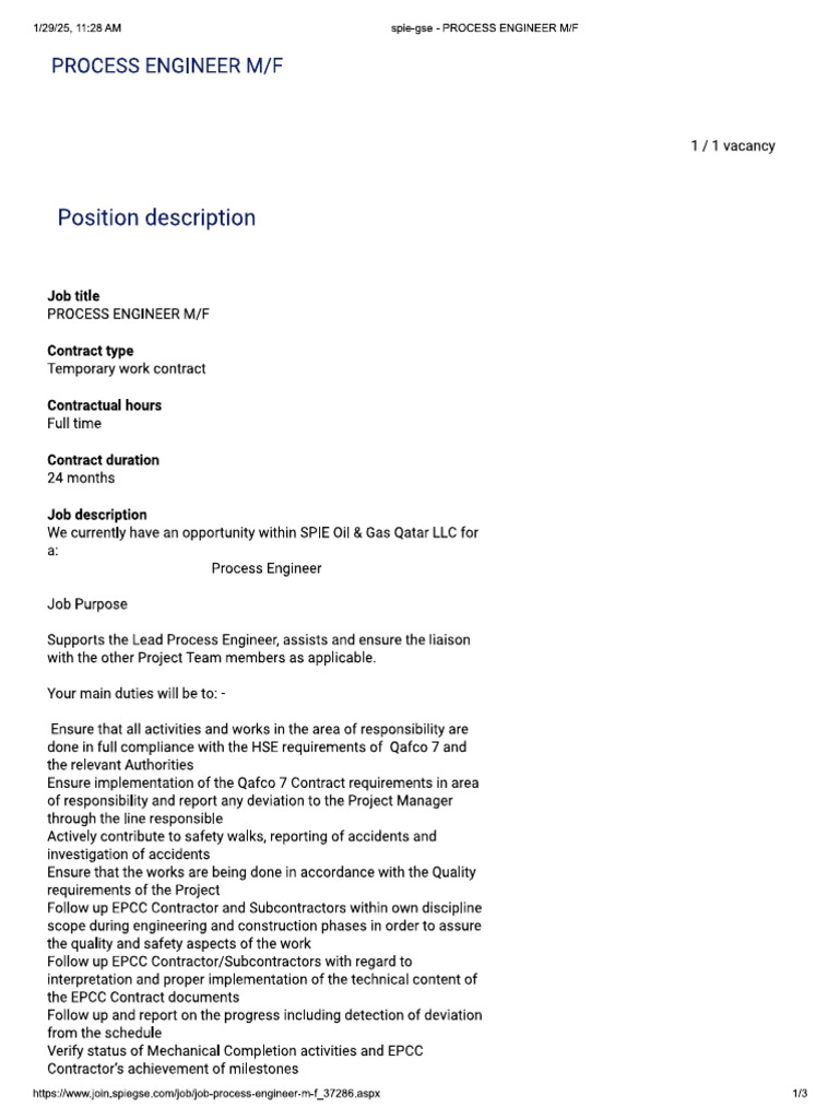 JD SPIE Process Engineer Qatar 2025 | PDF