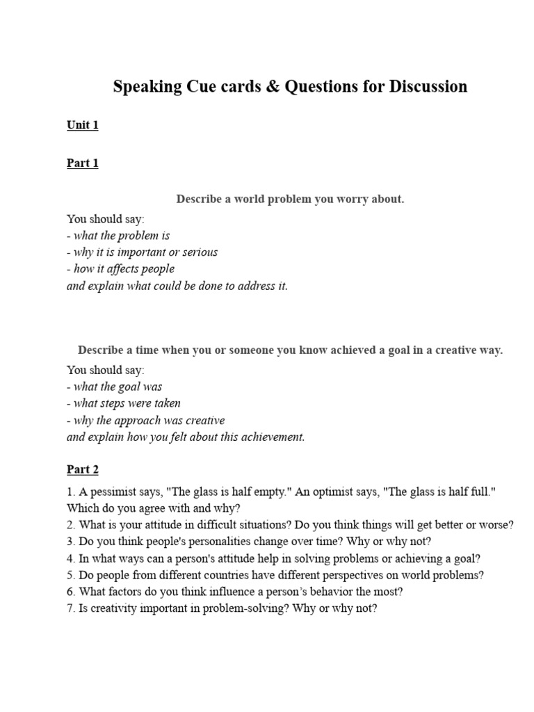 Speaking Cue Cards for Discussion Topics | PDF | Attitude (Psychology ...