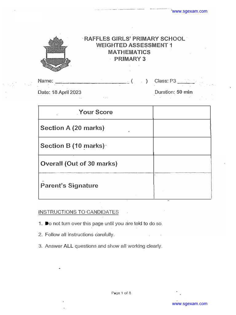 2023-P3-Maths-Weighted Assessment 1 and 2-Raffles | PDF