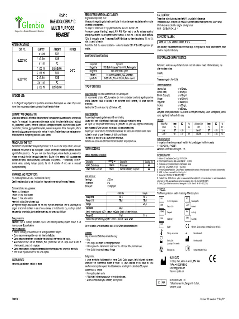 Hba1c - gl2201hc gl2211hc Rev 03 | PDF | Glycated Hemoglobin | Lysis