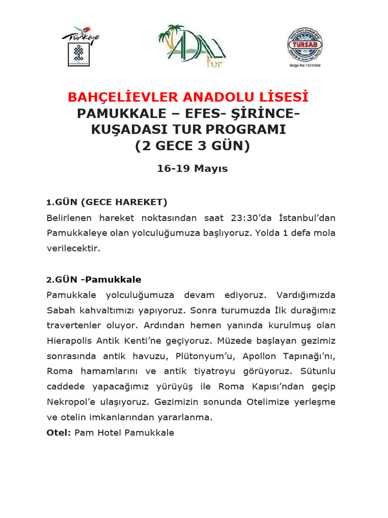 Bal-Sirince - Kusadasi - Efes - Pamukkale Tur Programi1 | PDF