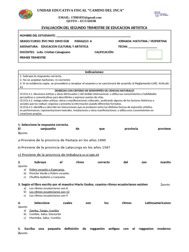 Examenes de Octavo Primer Eca | PDF | Ecuador