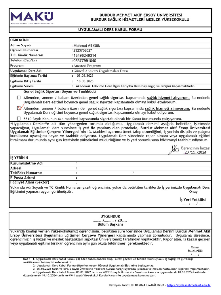 14 Form 1051 93101839 Uygulamali Ders Kabul Formu | PDF