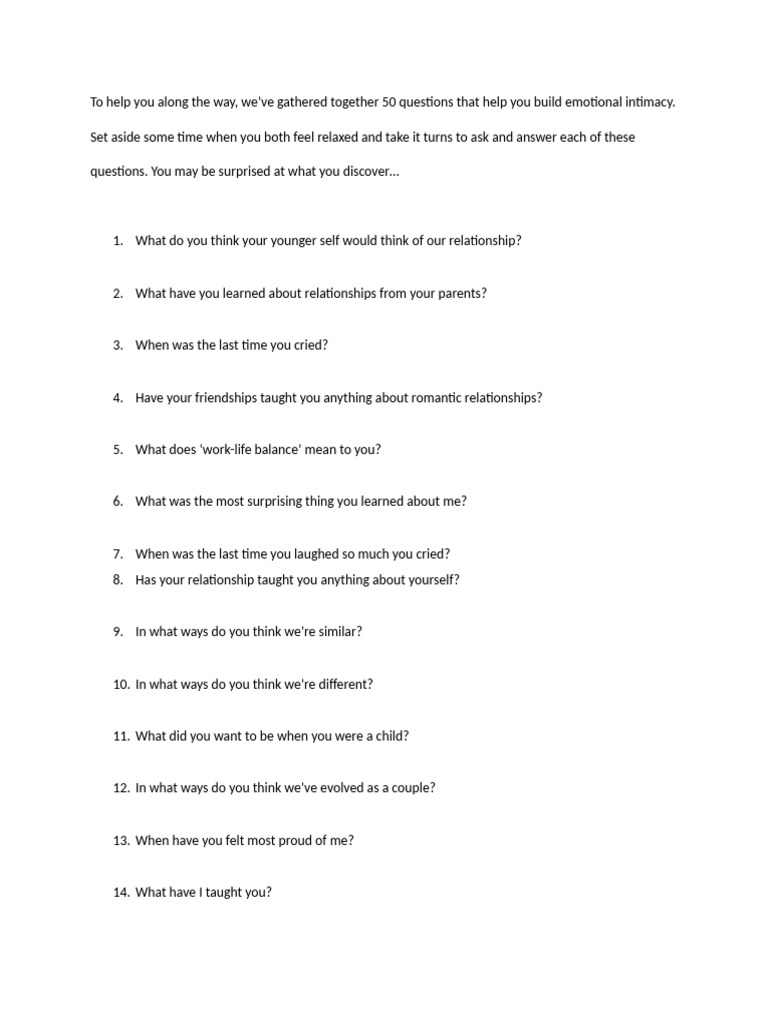 50 Questions for Relationship Intimacy | PDF | Intimate Relationships ...