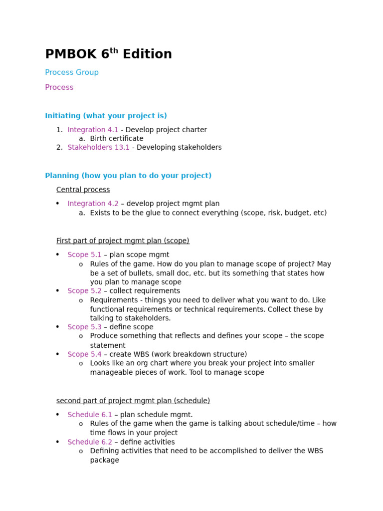 PMBOK 6th Edition Processes Study Guide | PDF | Business