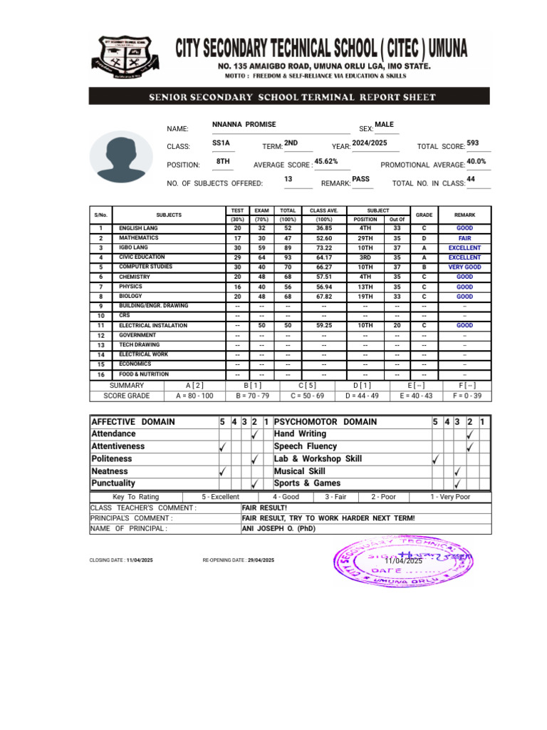 SS1A Term 2 Report Card 2024/2025 | PDF
